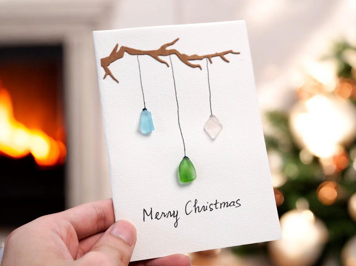 Handmade Sea Glass Christmas Card Unique Holiday Greeting With Sea ...