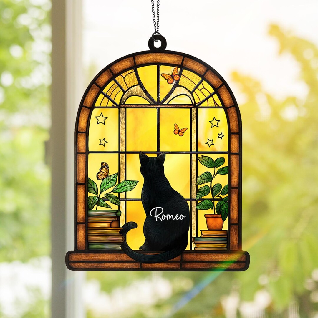 Personalized Cat Book Suncatcher, Black Cat and Book ACRYLIC Window ...