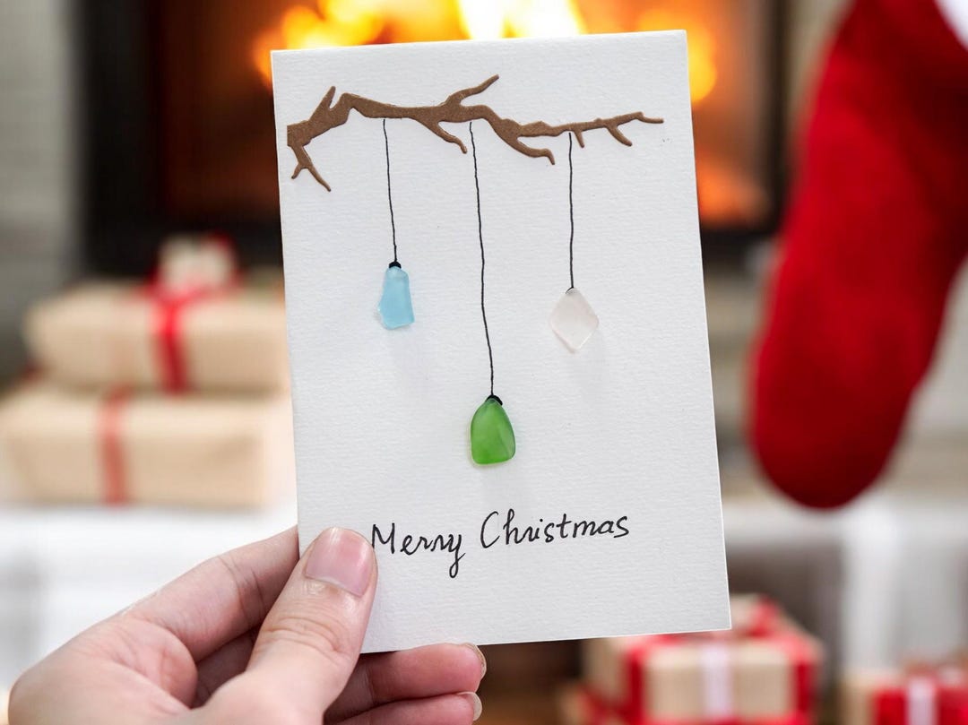 Handmade Sea Glass Christmas Card Unique Holiday Greeting With Sea ...