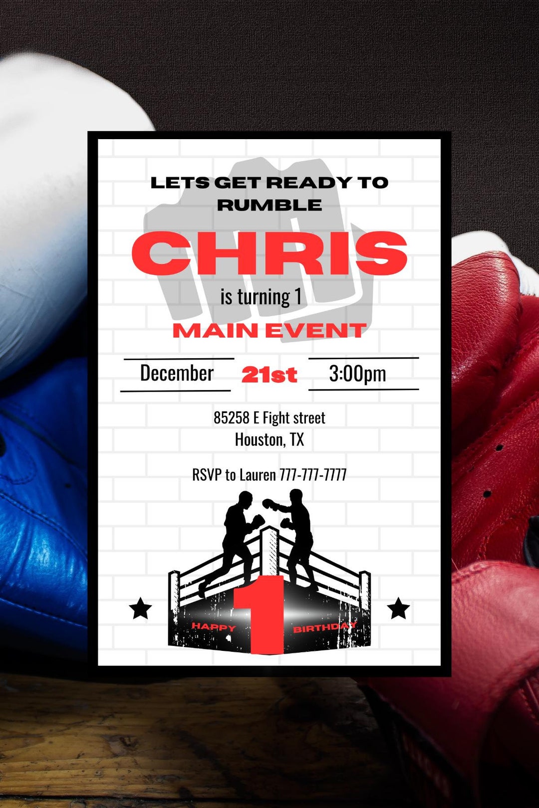 Round 1 Birthday Invitation, Boxing, 1st Birthday, Instant Download ...