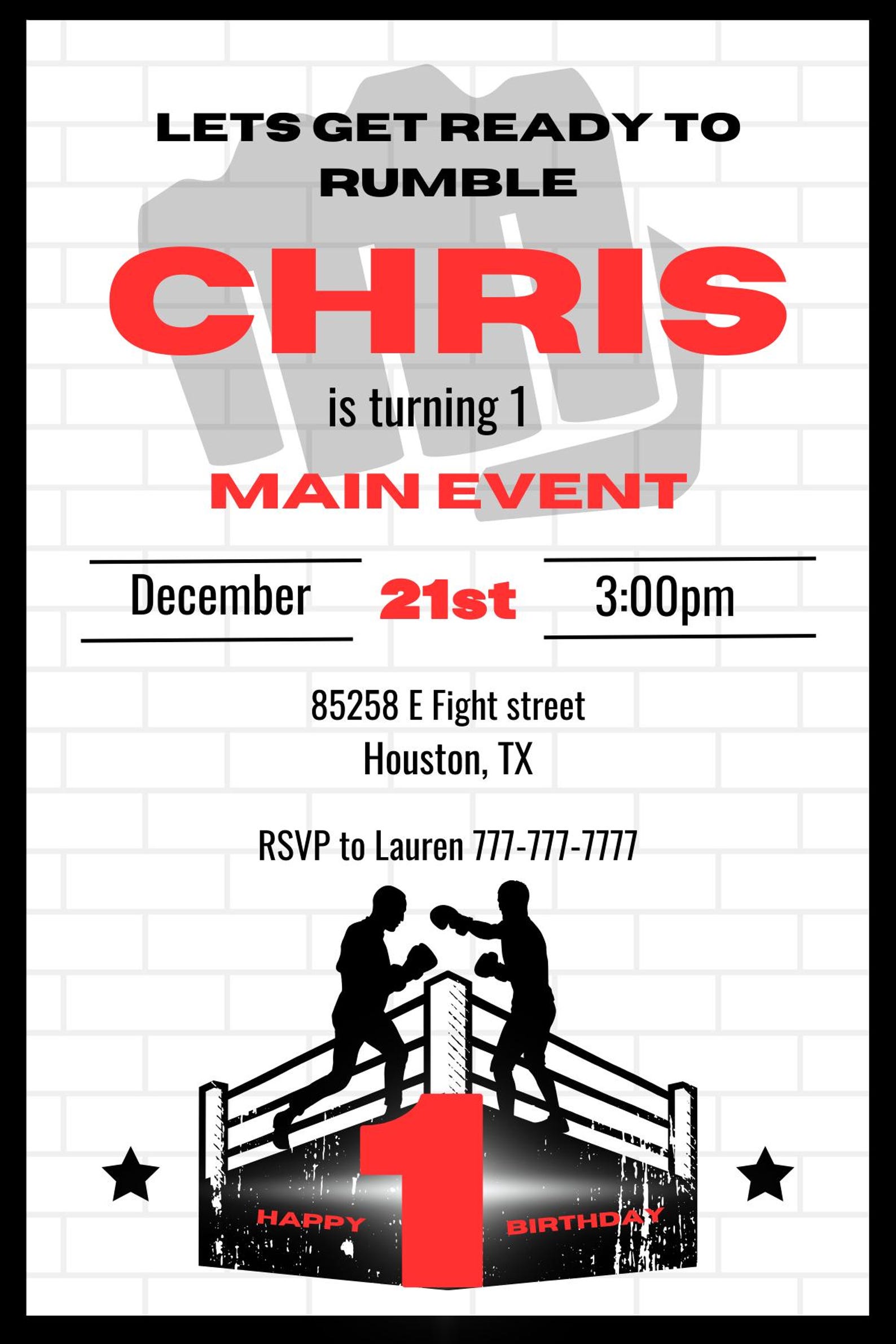 Round 1 Birthday Invitation, Boxing, 1st Birthday, Instant Download ...