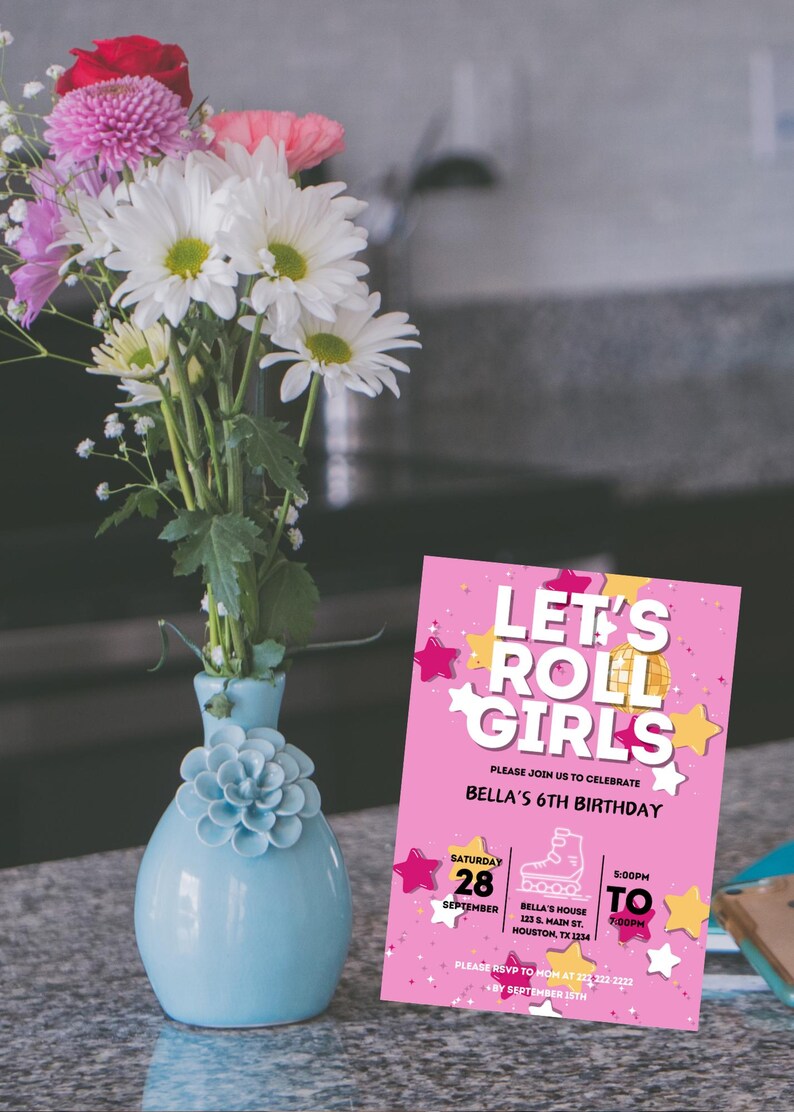 Let's Roll Girls Editable Invitation, Roller Skate, Birthday, Pink ...