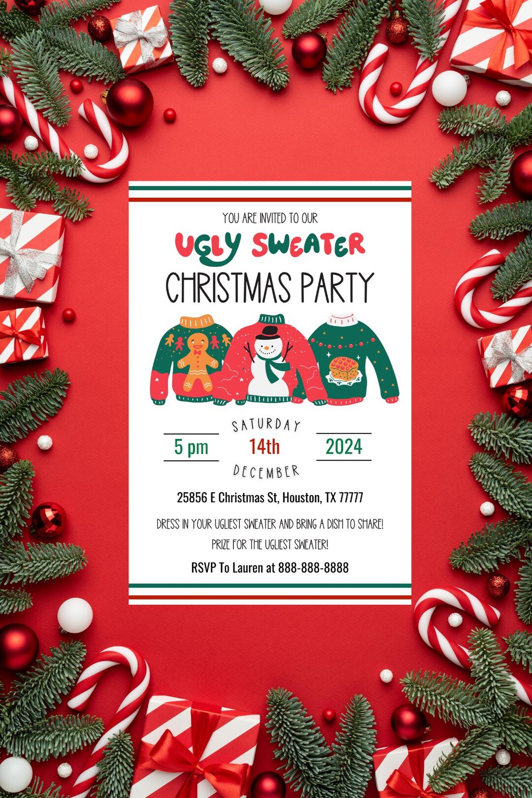 Ugly Christmas Sweater Invitation, Christmas Party, Instant Download ...