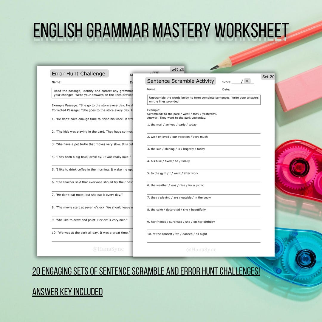 English Grammar Worksheet Bundle: Sentence Scrambles & Error Hunts ...