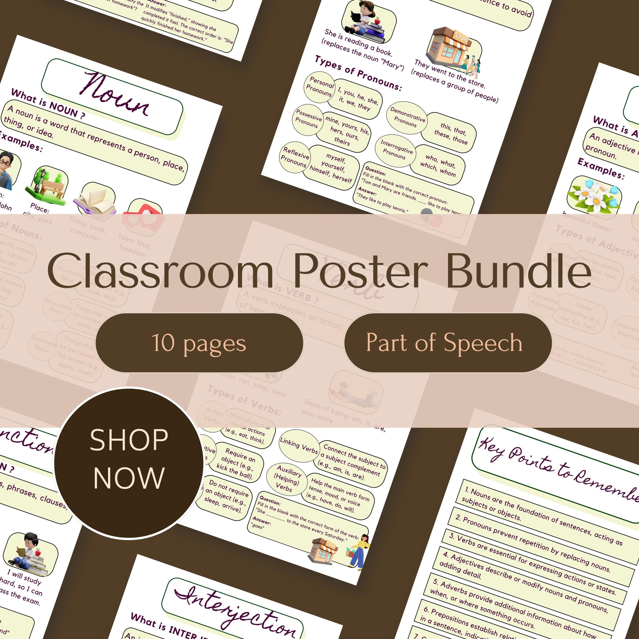 Parts of Speech Classroom Poster Bundle Essential English Grammar 10 ...