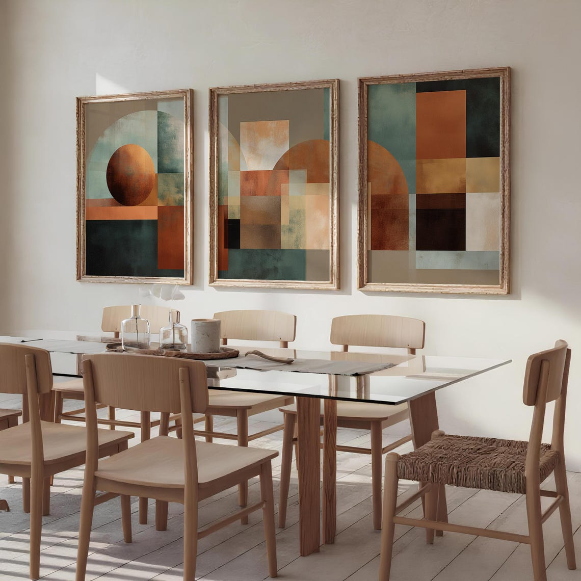 Abstract Geometric Wall Art Set of 3, Terracotta Teal Mid Century ...