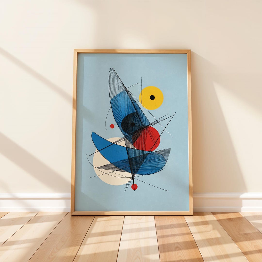 Joan Miro Inspired Minimal Abstract Poster, Blue Field With Red and ...