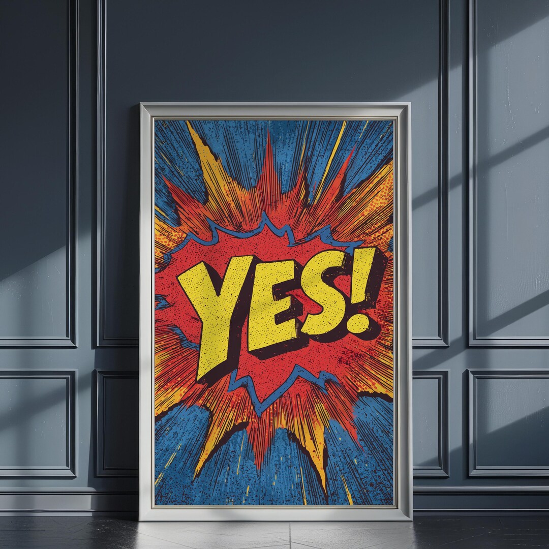 Yes Pop Art Typography Poster Print, Comic Style Word Wall Art, Bright ...