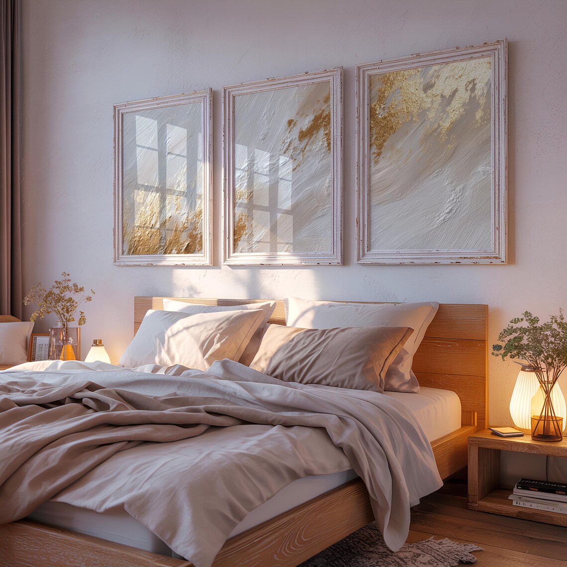 Gold and White Textured Abstract Wall Art Set of 3, Luxury Neutral ...