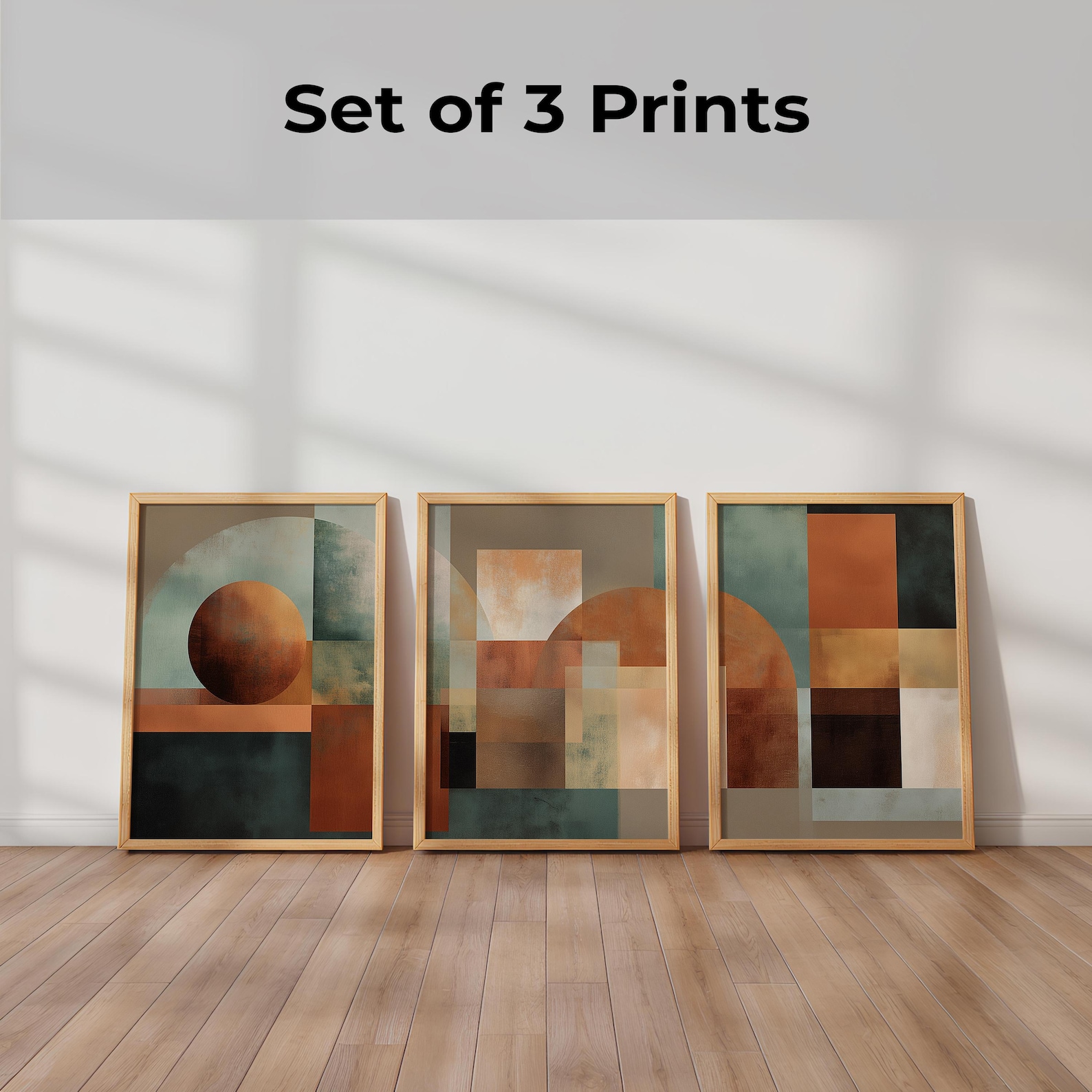 Abstract Geometric Triptych Wall Art — Terracotta & Green Minimalist ...