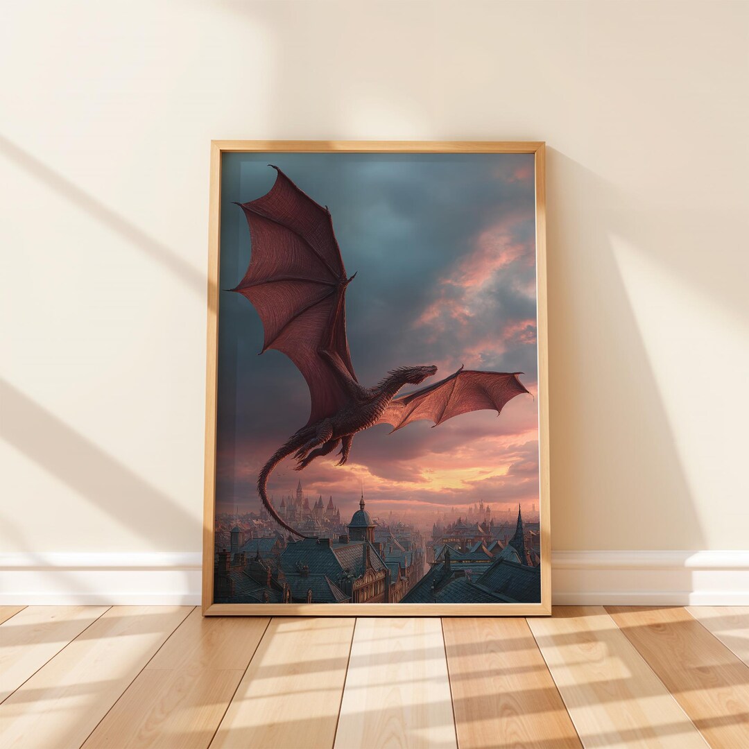 Red Dragon Over City Art Print, Victorian Kids Room Poster, Fantasy ...