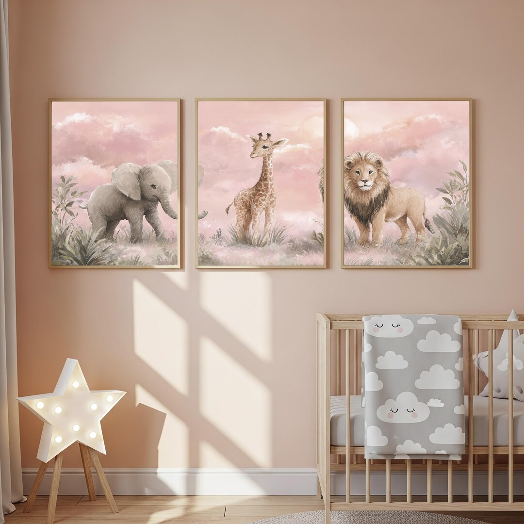 Safari Animal Triptych Nursery Prints, Elephant Giraffe Lion Set of 3 ...