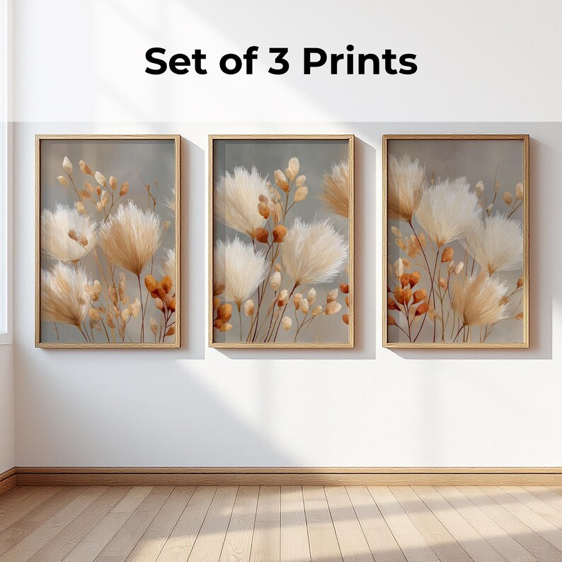 Boho Pampas Grass Triptych Wall Art, Set of 3 Neutral Botanical Prints ...