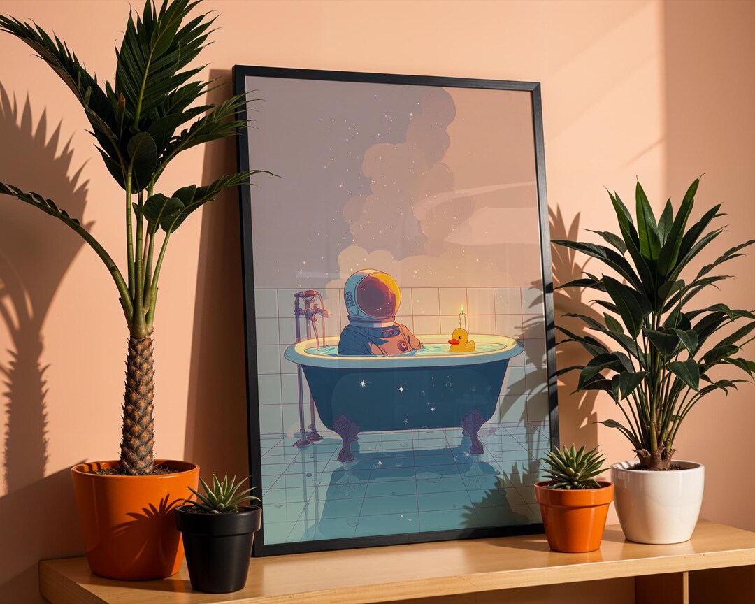 Surreal Astronaut Bath Wall Art Poster, Space Bathroom Illustration ...