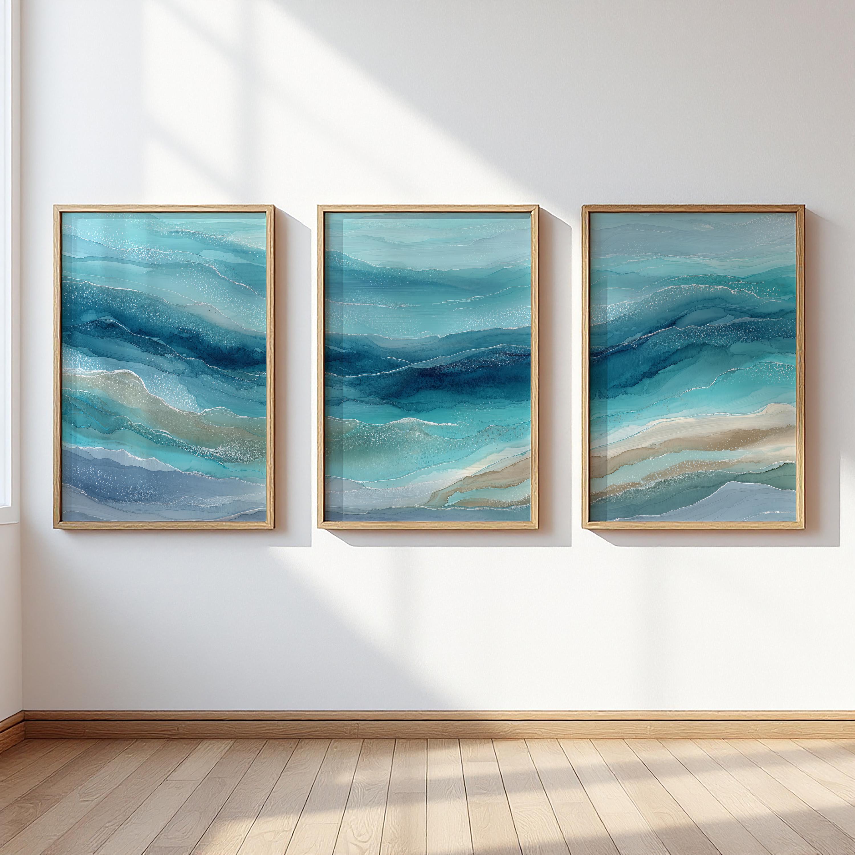 Blue Coastal Abstract Triptych — Ocean Wave Texture Set of 3 Posters ...