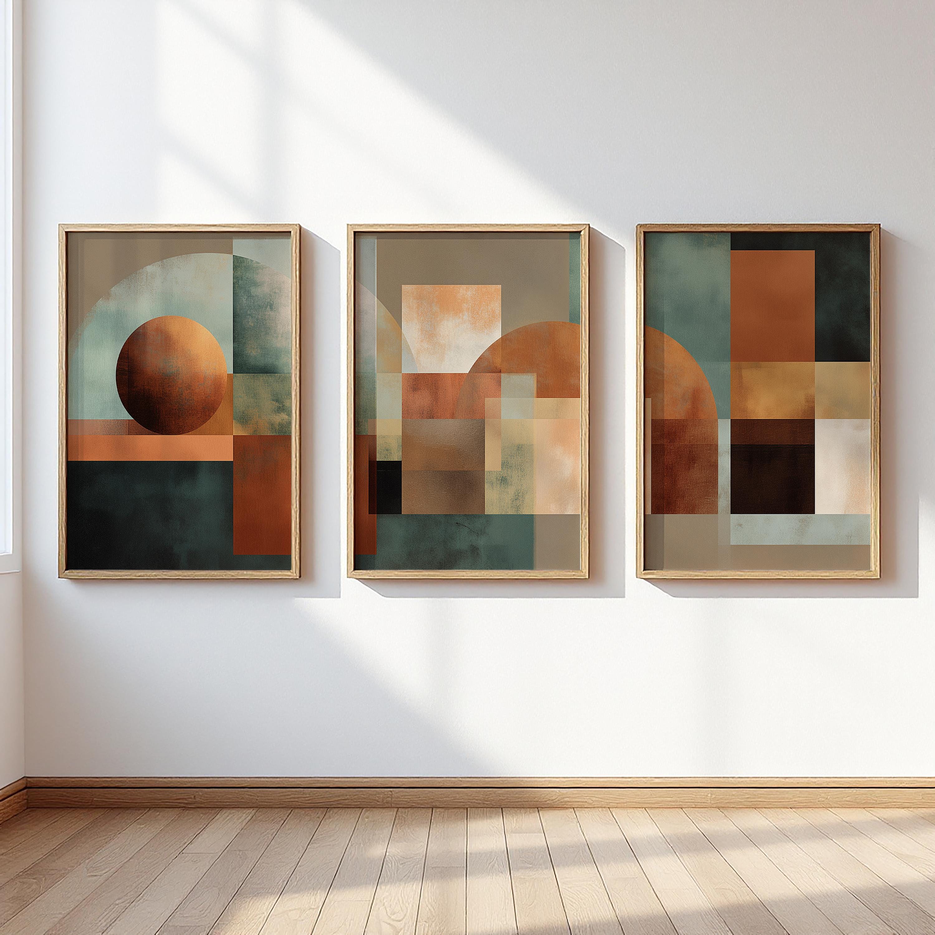 Abstract Geometric Wall Art Set of 3, Terracotta Teal Mid Century ...