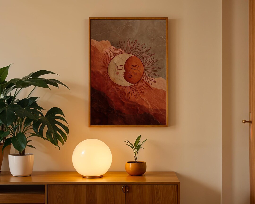Sun and Moon Face Poster Boho Celestial Wall Art in Terracotta Brown ...
