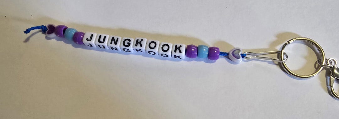 BTS Member Keychain Jungkook Purple and Blue Pony Beads and Acrylic Heart - Etsy