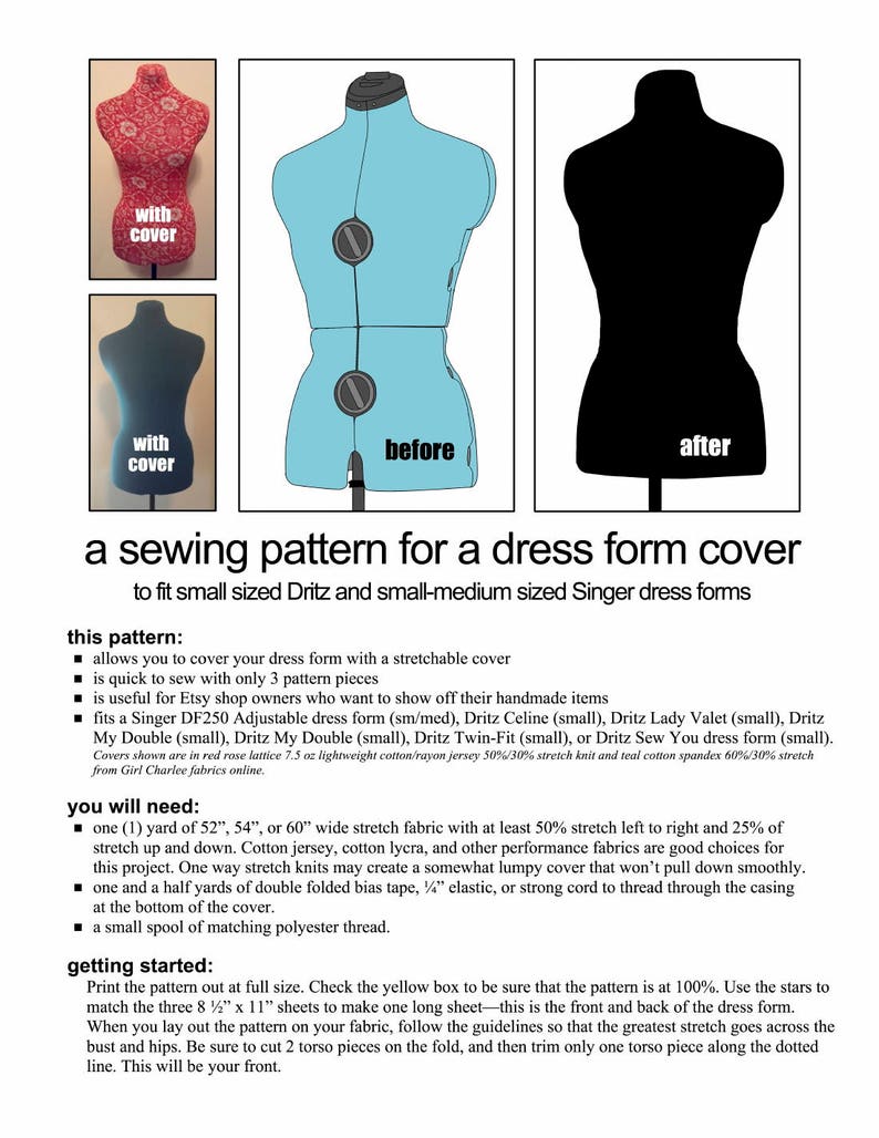 Small Dress Form Cover Sewing Pattern (fits Dritz and Singer). Digital ...