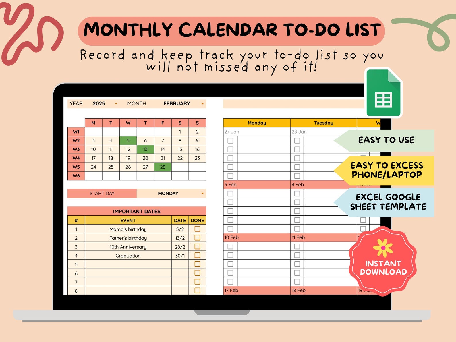Monthly Calendar & To-do List |simple Task Planner | Digital Monthly ...