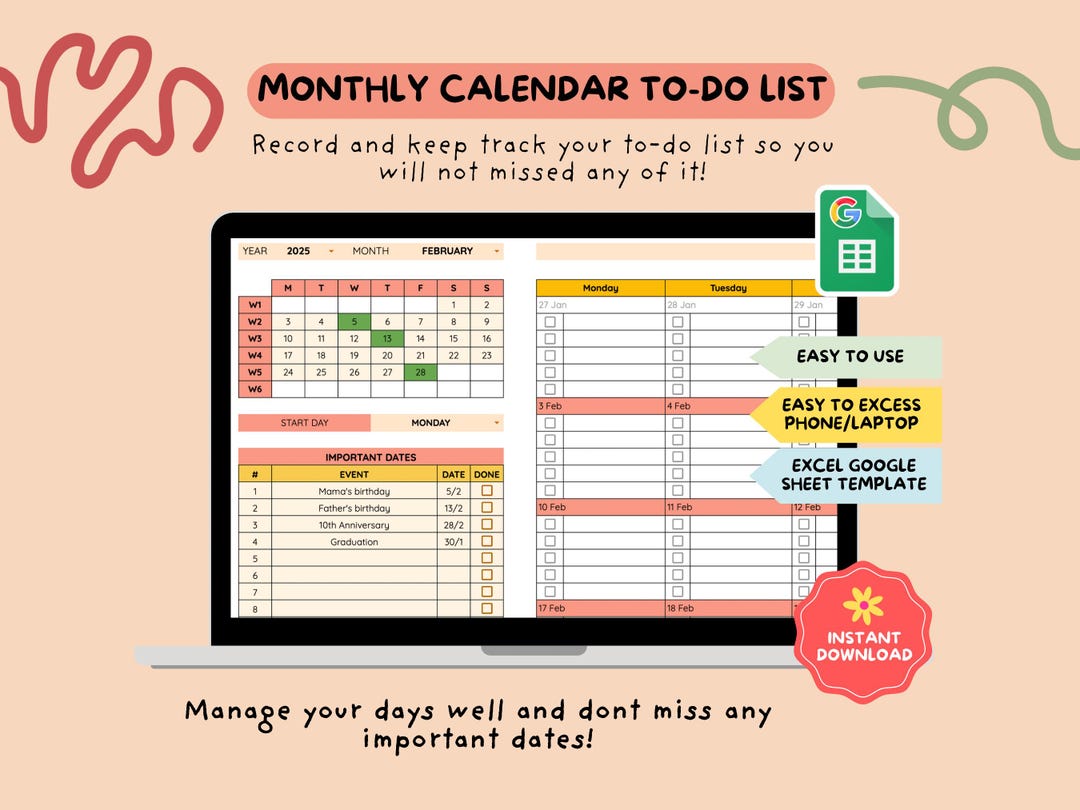 Google Sheets Monthly Calendar: Simple Task Planner (digital Download ...