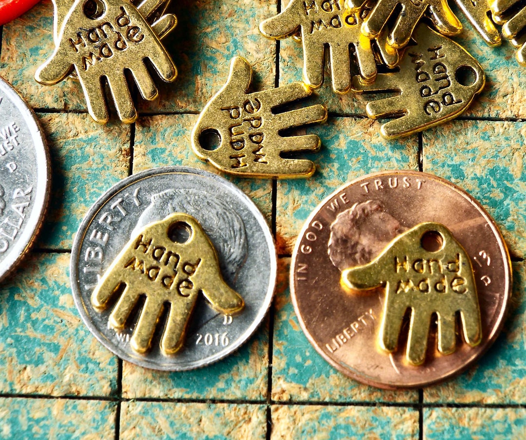 240 Tiny Hand Shape Charms, Goldtone Metal, Say HAND MADE, Small Metal ...