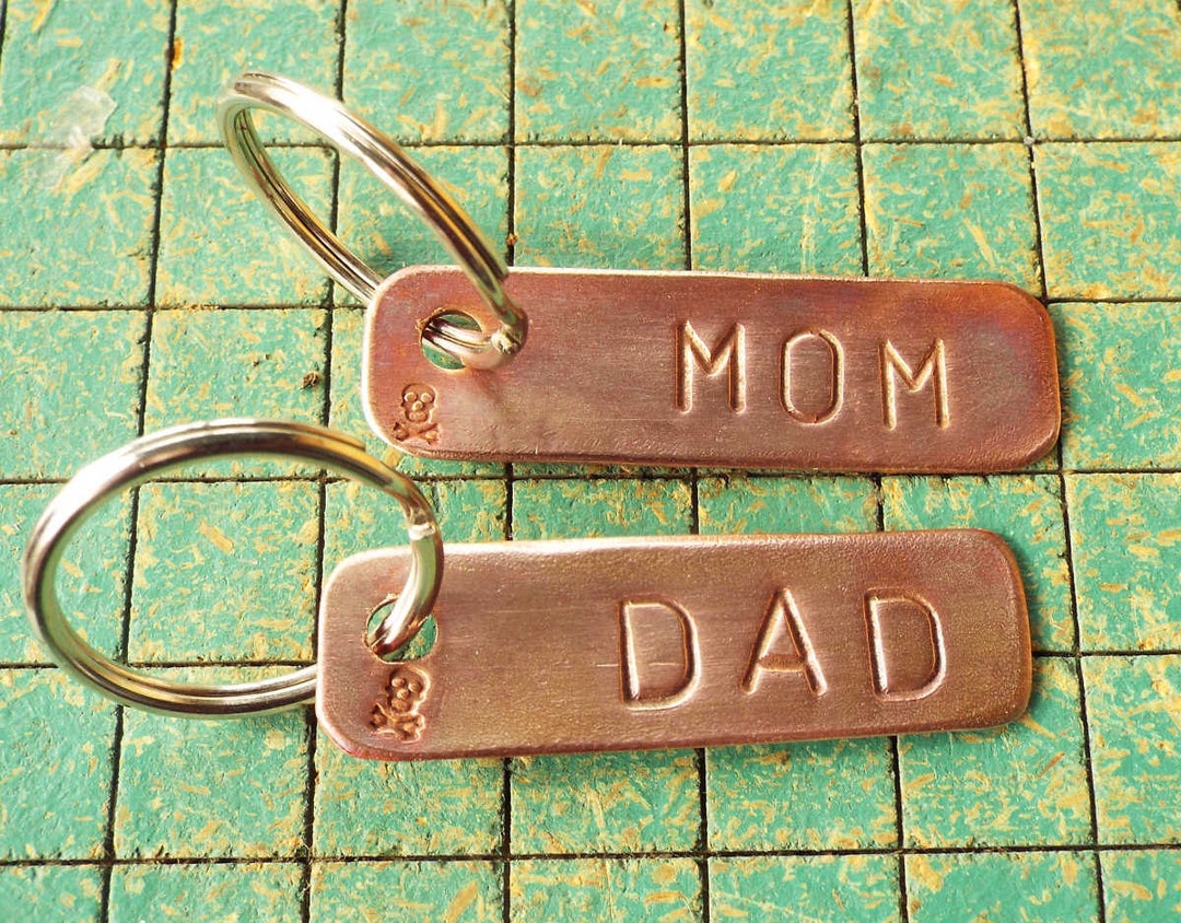 Mom and Dad, Stamped Copper Tags, Zipper Pull, Anniversary Keychain ...