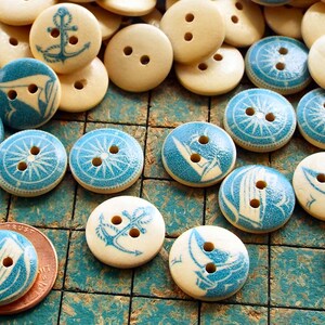 40 Count, Nautical Buttons, 2 Hole, 15mm, 5/8" Round, Painted Wood ...