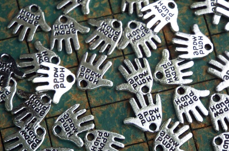 40 Tiny Hand Shaped Charms, Say HAND MADE, Silvertone Metal Hang Tags ...