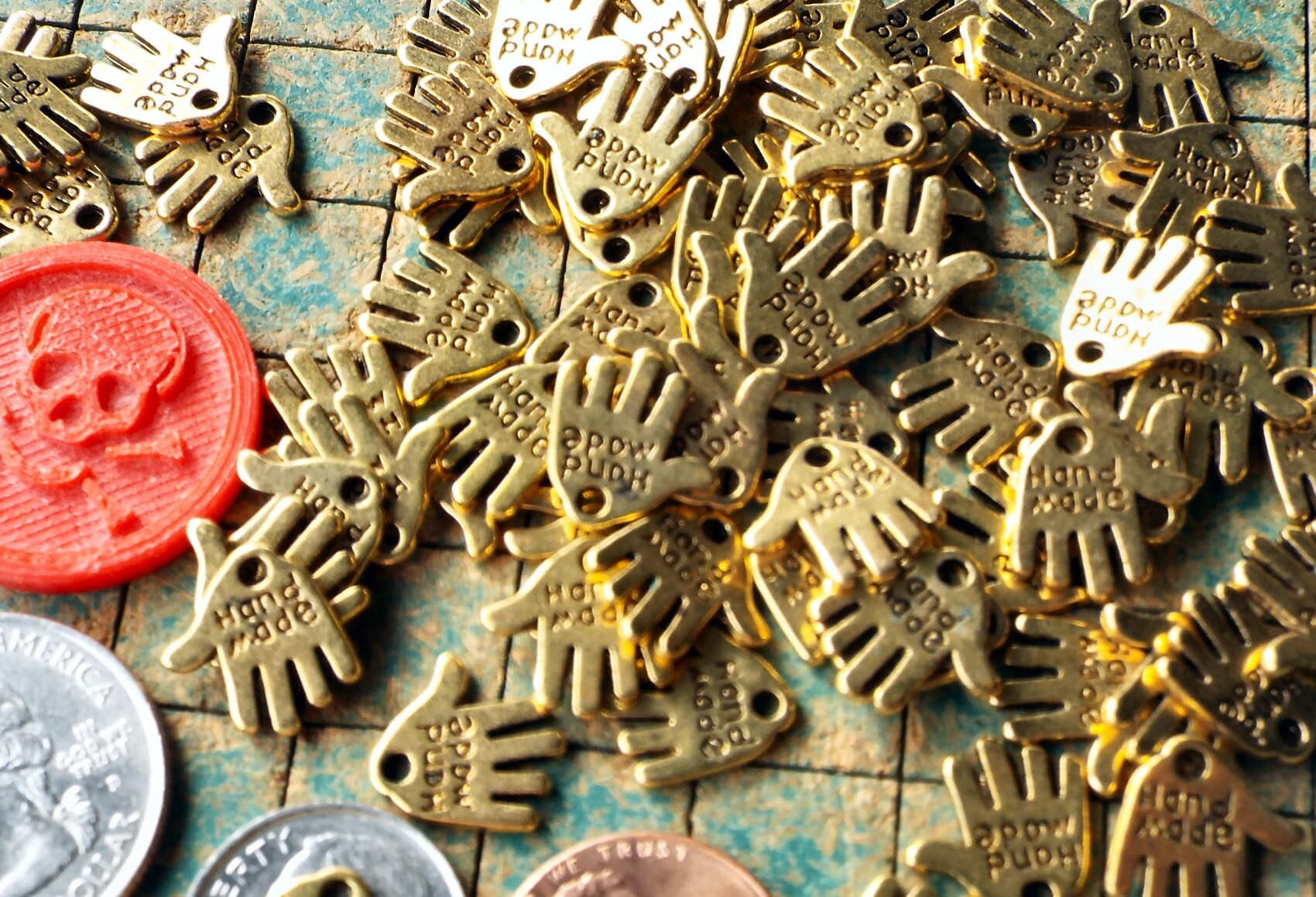 240 Tiny Hand Shape Charms, Goldtone Metal, Say HAND MADE, Small Metal ...