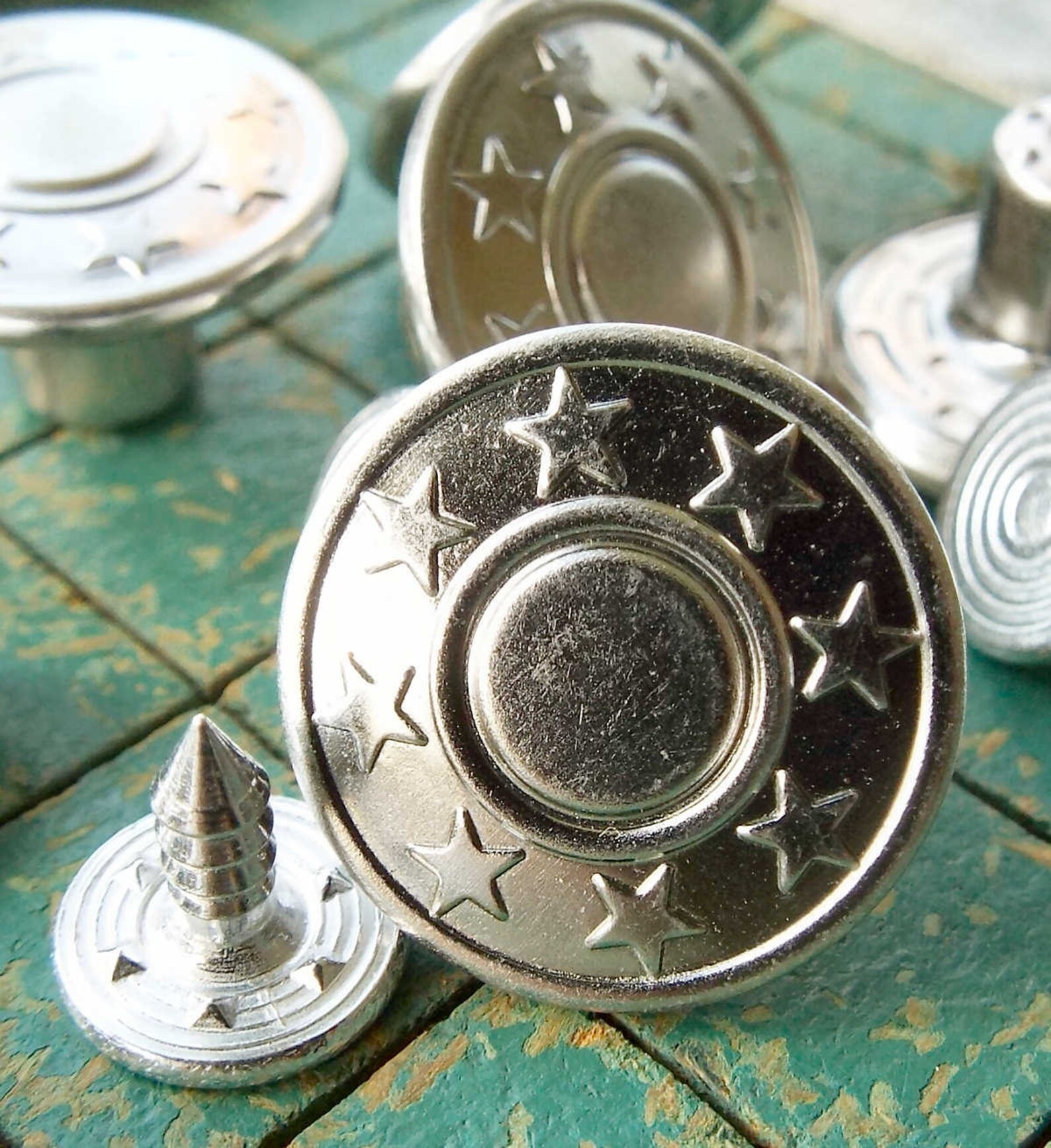 15 Tack Buttons 17mm Silver Tone Metal Star Bullseye Jean | Etsy