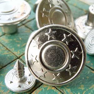 15 Tack Buttons, 17mm, Silver Tone Metal, Star Bullseye, Jean Jacket ...