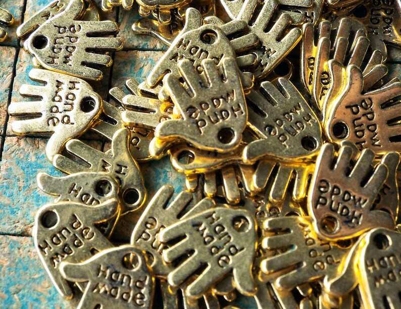 240 Tiny Hand Shape Charms, Goldtone Metal, Say HAND MADE, Small Metal ...