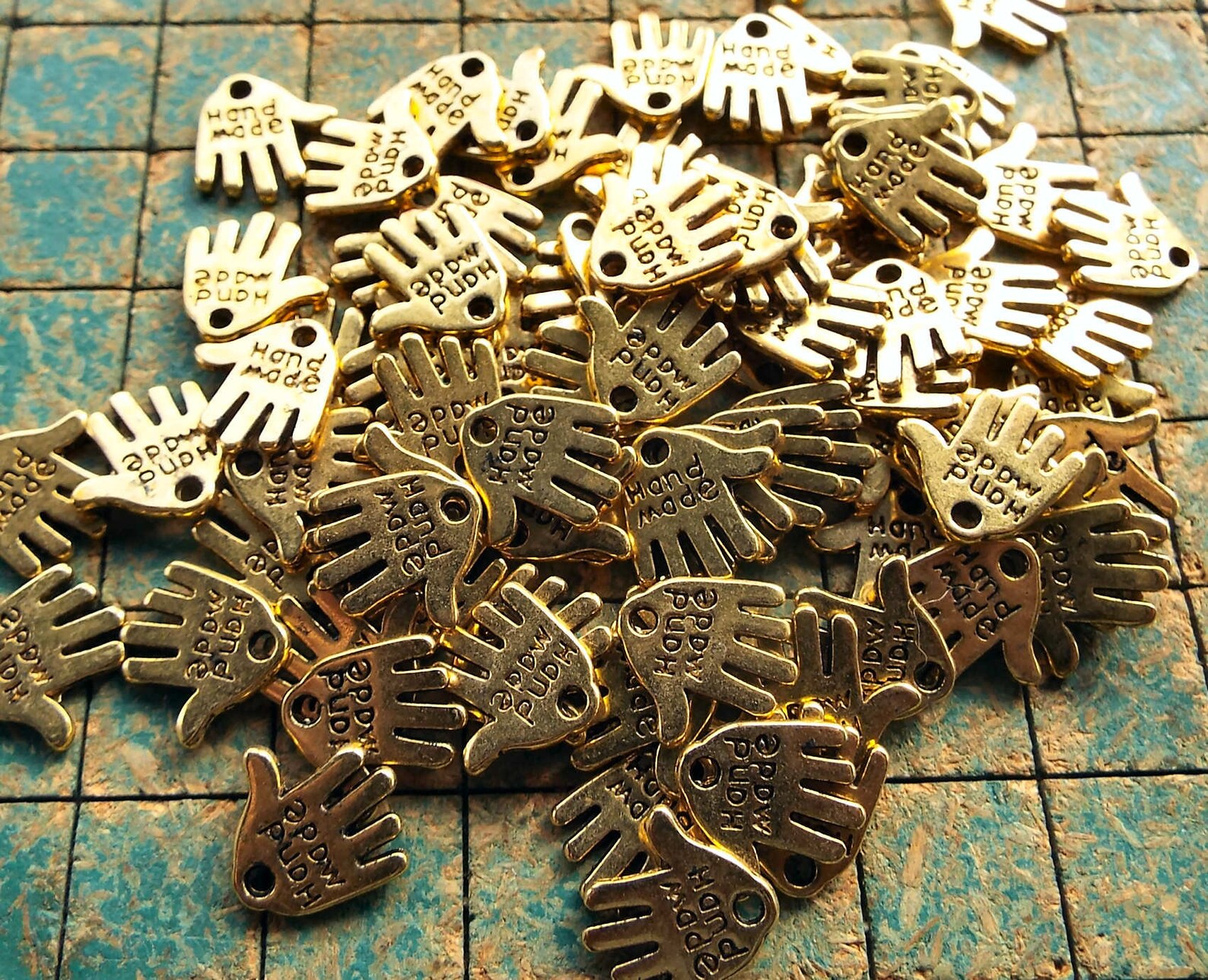 240 Tiny Hand Shape Charms, Goldtone Metal, Say HAND MADE, Small Metal ...