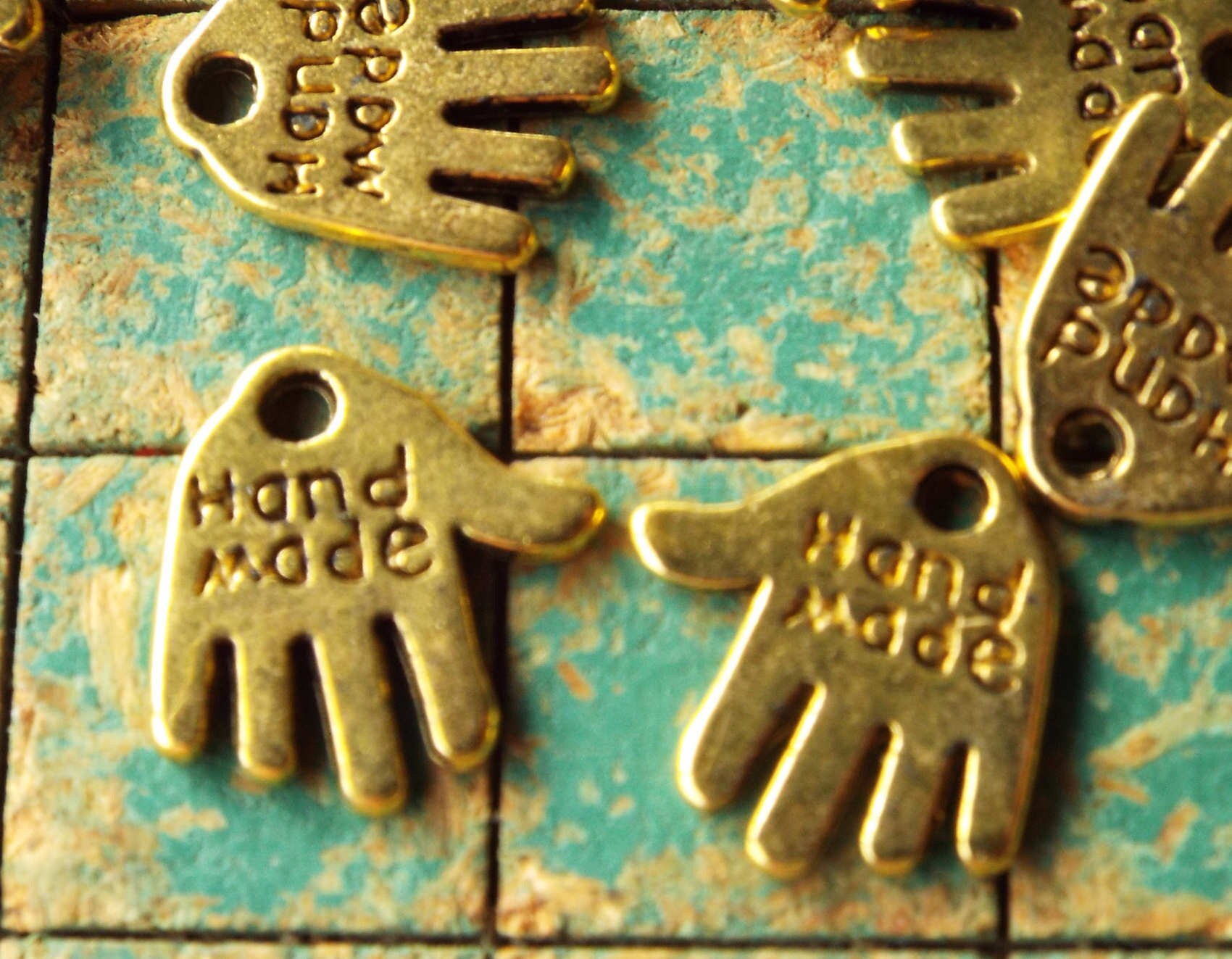 240 Tiny Hand Shape Charms, Goldtone Metal, Say HAND MADE, Small Metal ...