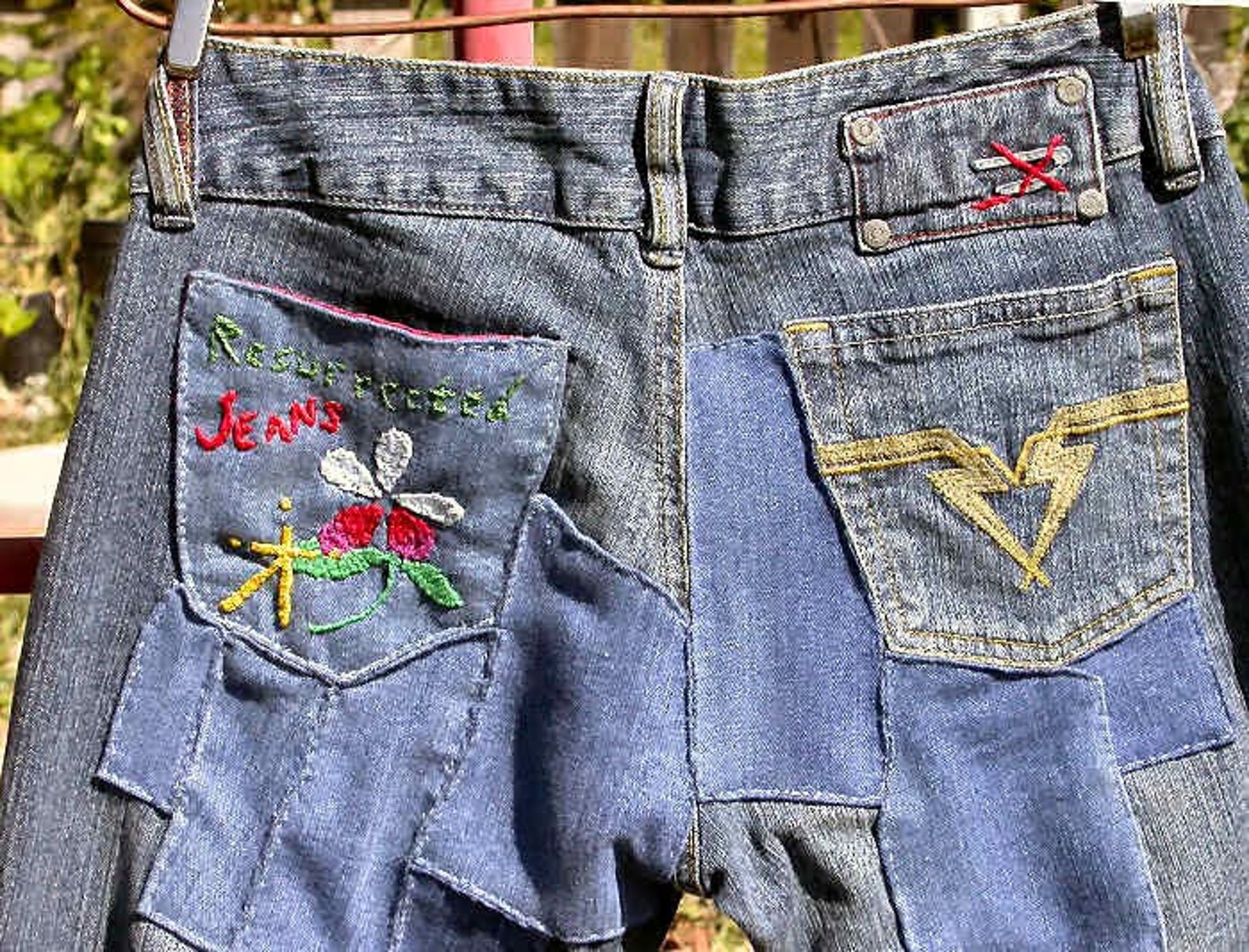Patched Pants Embroidered Resurrected Jeans Bloody | Etsy