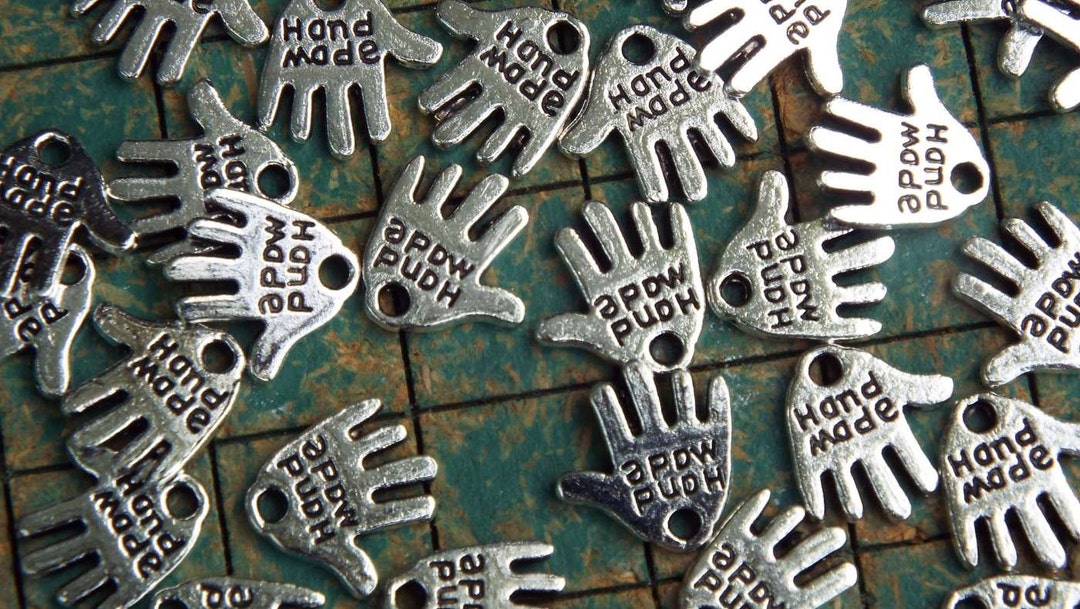 40 Tiny Hand Shaped Charms, Say HAND MADE, Silvertone Metal Hang Tags ...