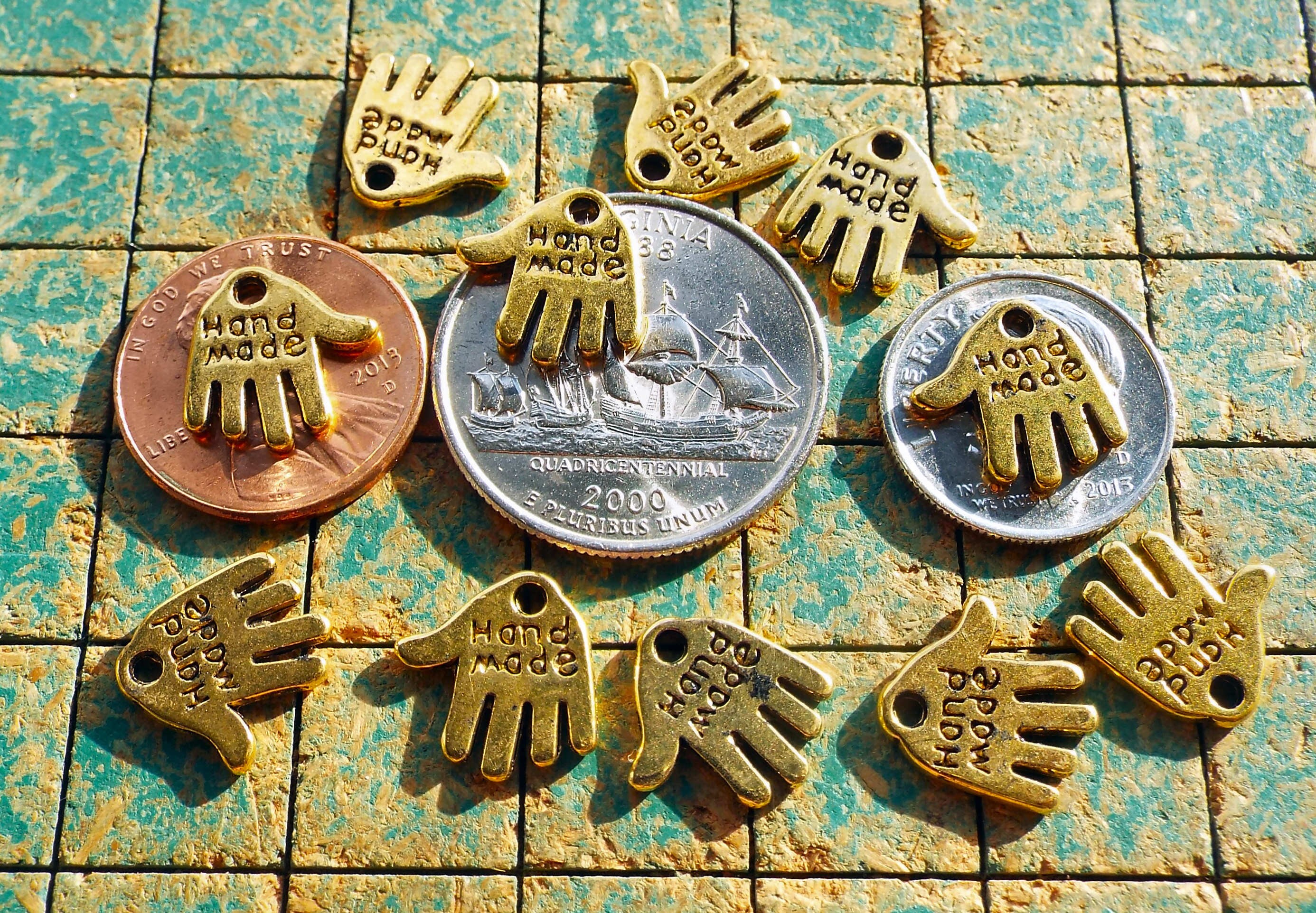 240 Tiny Hand Shape Charms, Goldtone Metal, Say HAND MADE, Small Metal ...