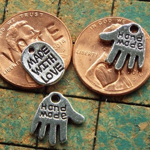 40 Tiny Hand Shaped Charms, Say HAND MADE, Silvertone Metal Hang Tags ...
