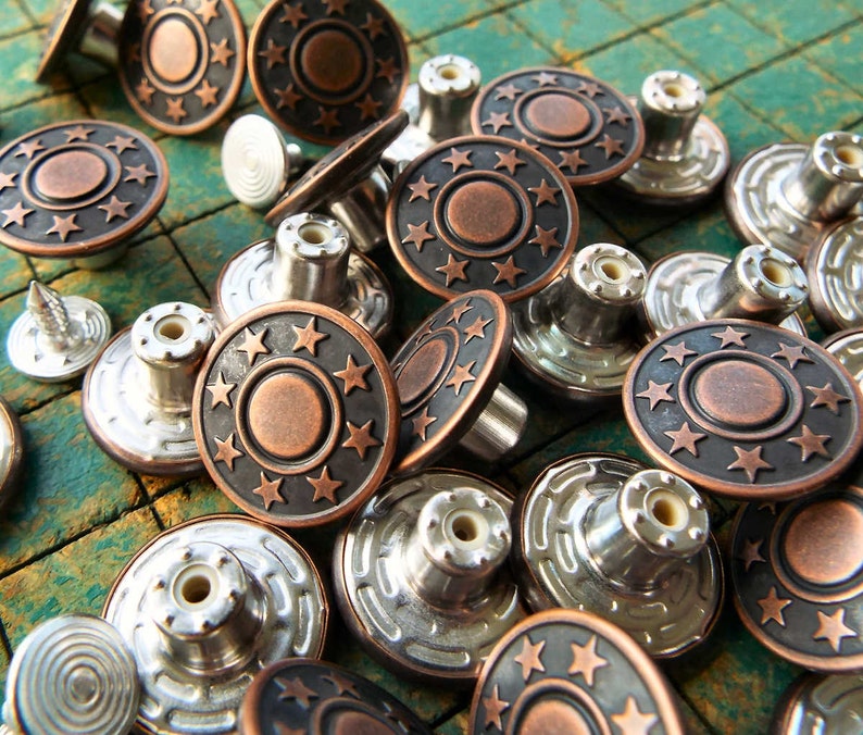 15 Tack Buttons Copper Tone Metal 17mm Star Bullseye Jean | Etsy