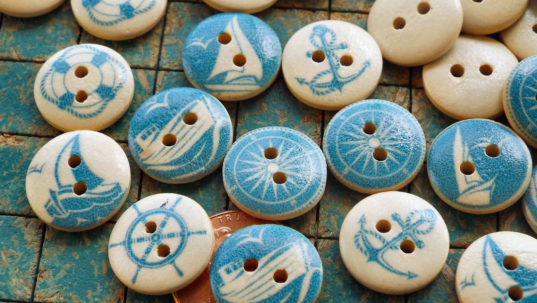 40 Count, Nautical Buttons, 2 Hole, 15mm, 5/8" Round, Painted Wood ...