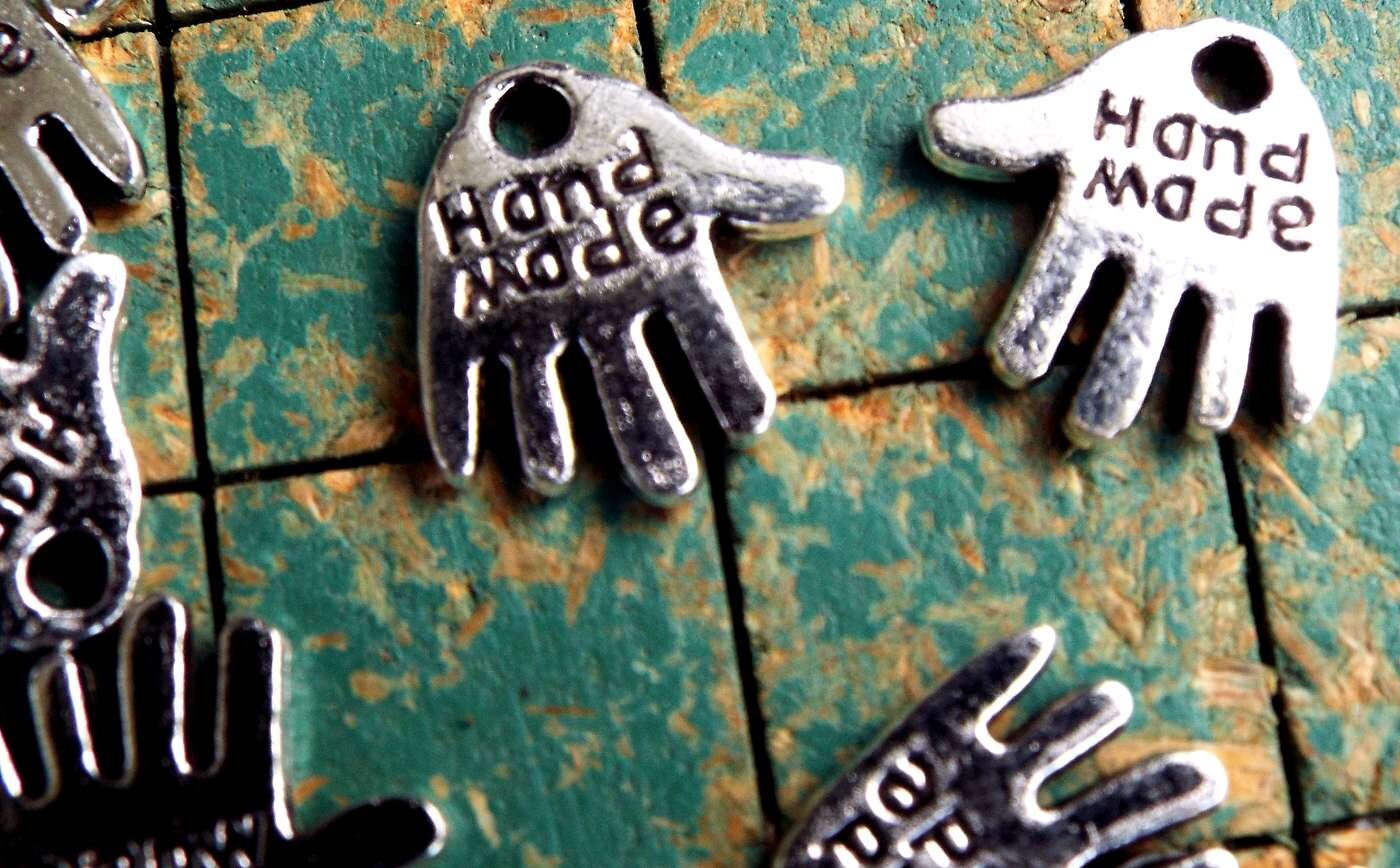40 Tiny Hand Shaped Charms, Say HAND MADE, Silvertone Metal Hang Tags ...