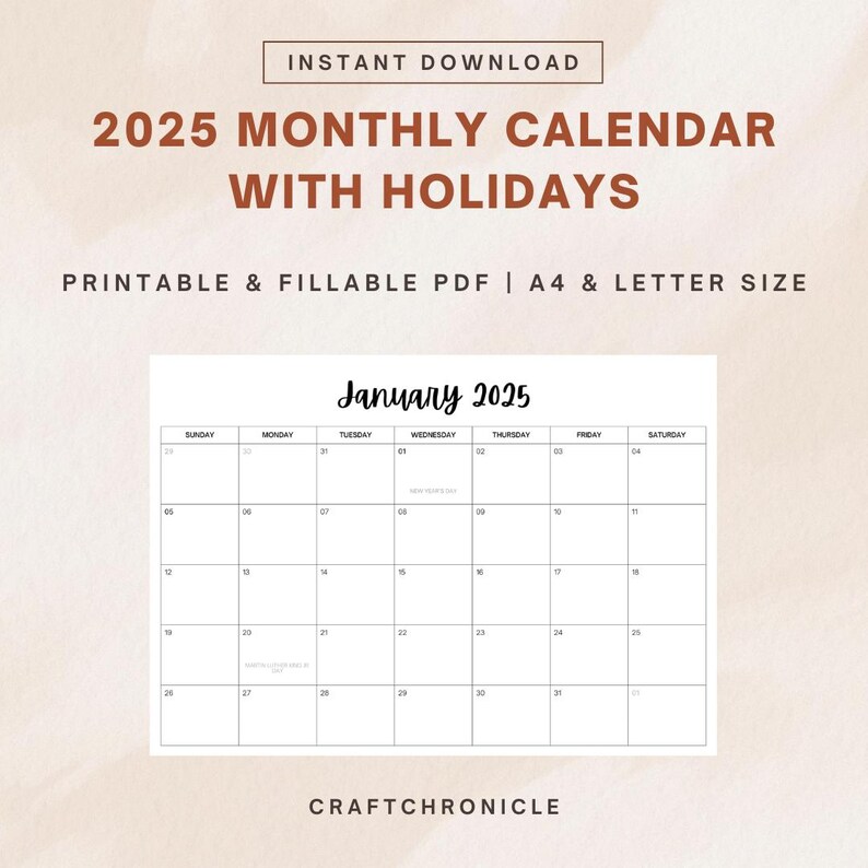 2025 Calendar With Holidays, A4 and Letter Size, Landscape, Printable ...