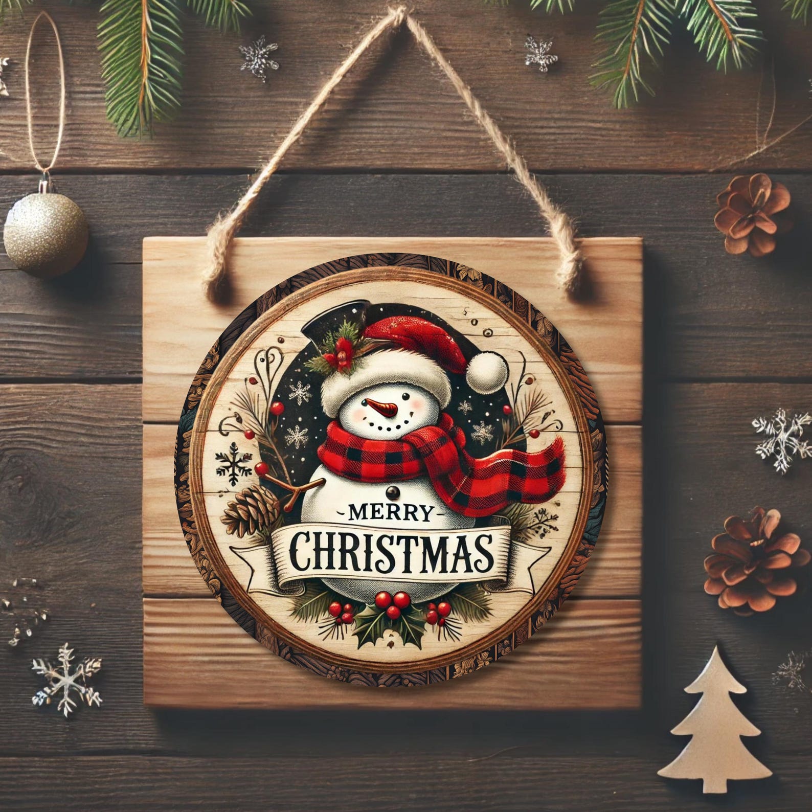 Merry Christmas Snowman Door Sign, Rustic Holiday Round Sign, Winter ...