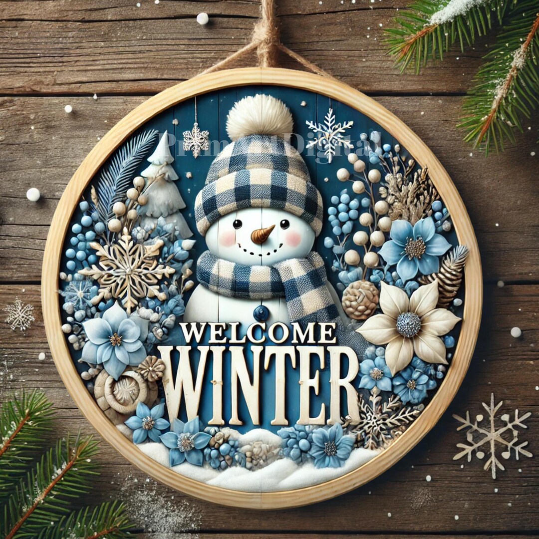 Welcome Winter Snowman Door Sign, Blue Winter Decor Round Sign ...