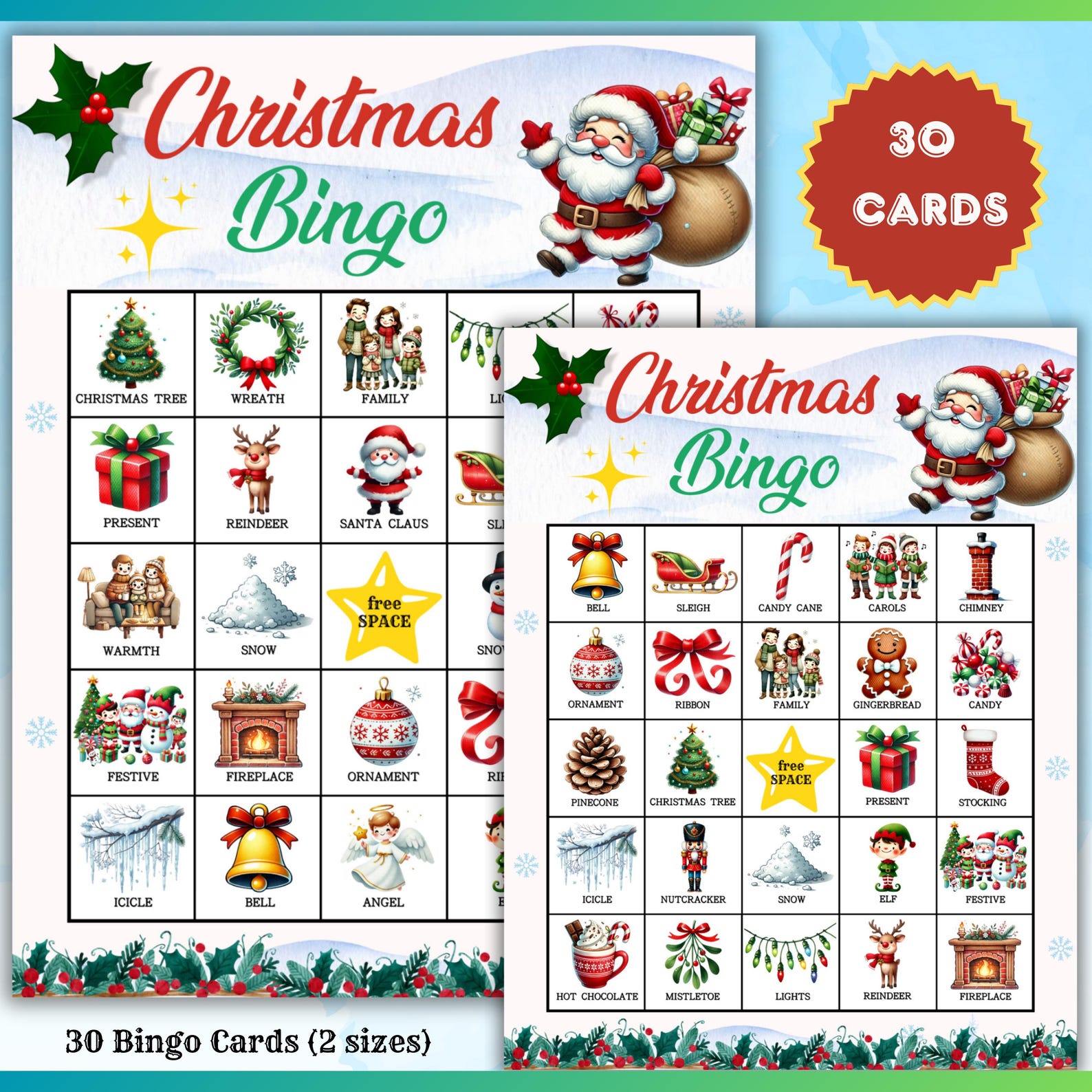 30 Christmas Bingo Cards, Printable Christmas Bingo, Christmas Bingo ...