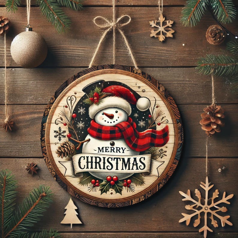 Merry Christmas Snowman Door Sign, Rustic Holiday Round Sign, Winter ...
