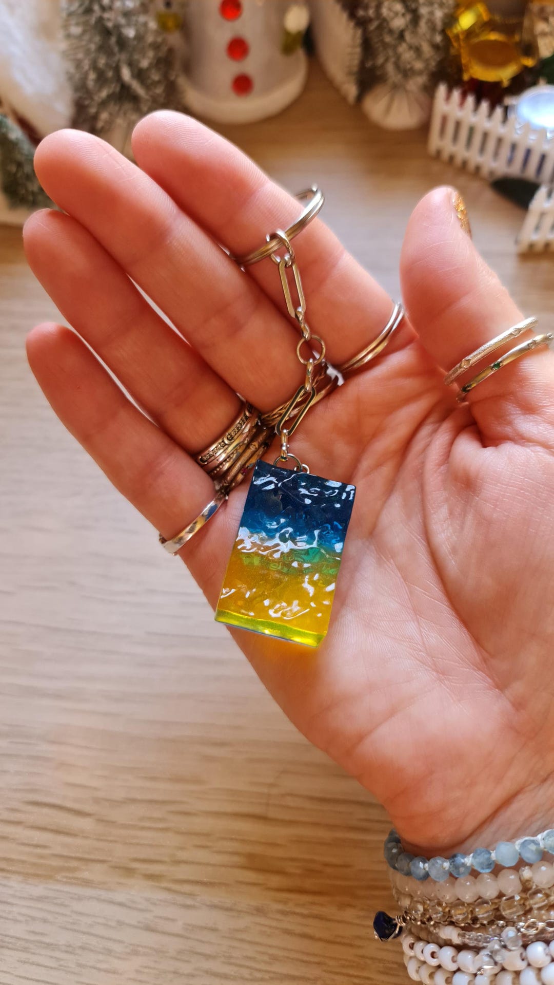 Resin Flag Rectangle Keychain – Blue & Yellow Handmade Pendant, Unique ...