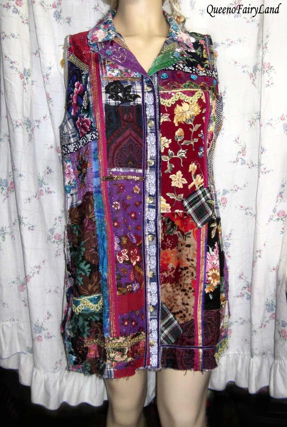Crazy Folk Art Dress Bust up to 48" Size 22W, Upcycled Tattered Fabric ...