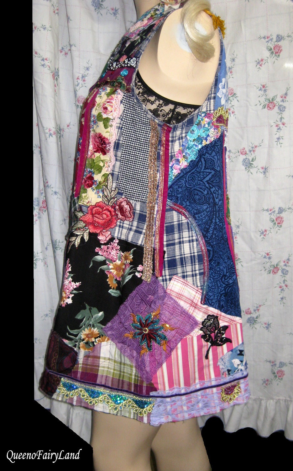 Crazy Folk Art Dress Bust up to 48" Size 22W, Upcycled Tattered Fabric ...